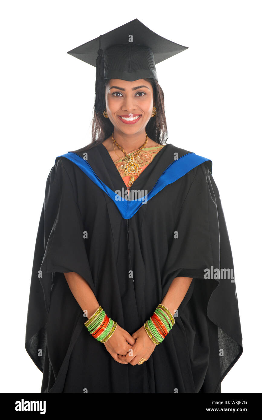 Happy Indian university student in graduation gown and cap. Portrait of ...
