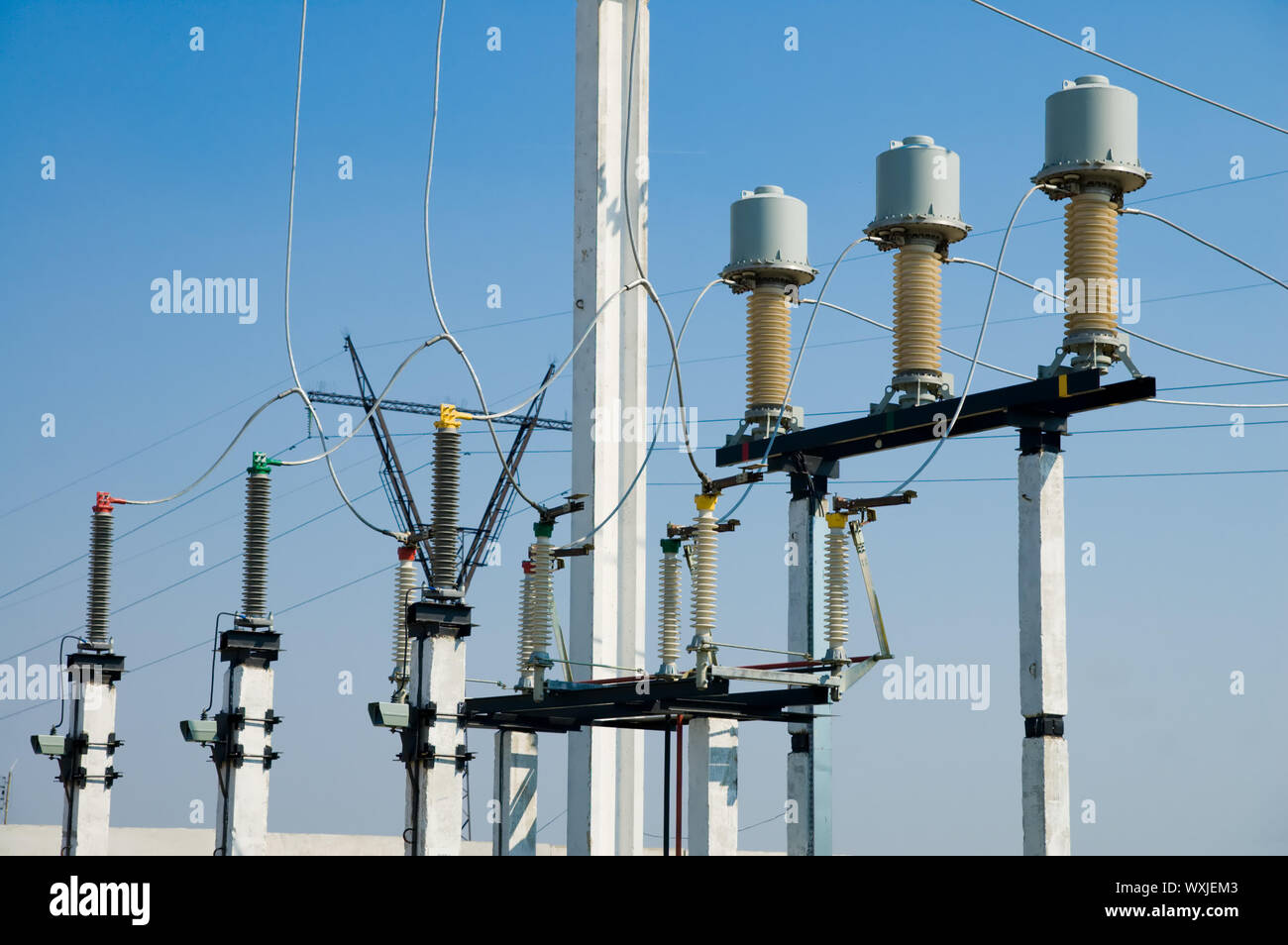 view to high-voltage substation with switches and disconnectors Stock ...