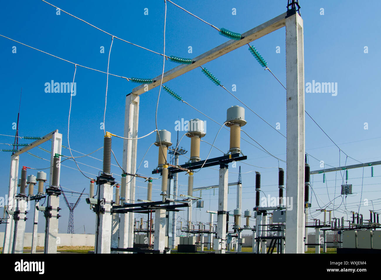 view to high-voltage substation with switches and disconnectors Stock ...
