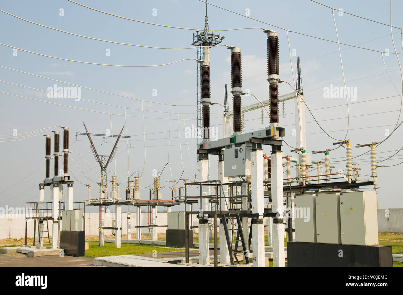 view to high-voltage substation with switches and disconnectors Stock ...