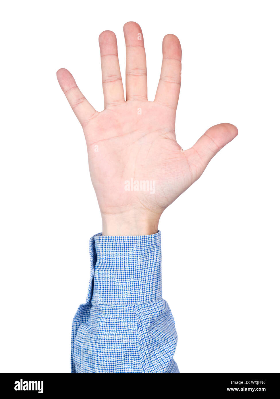 A man's hand doing number 5 gesture, isolated on white background Stock ...