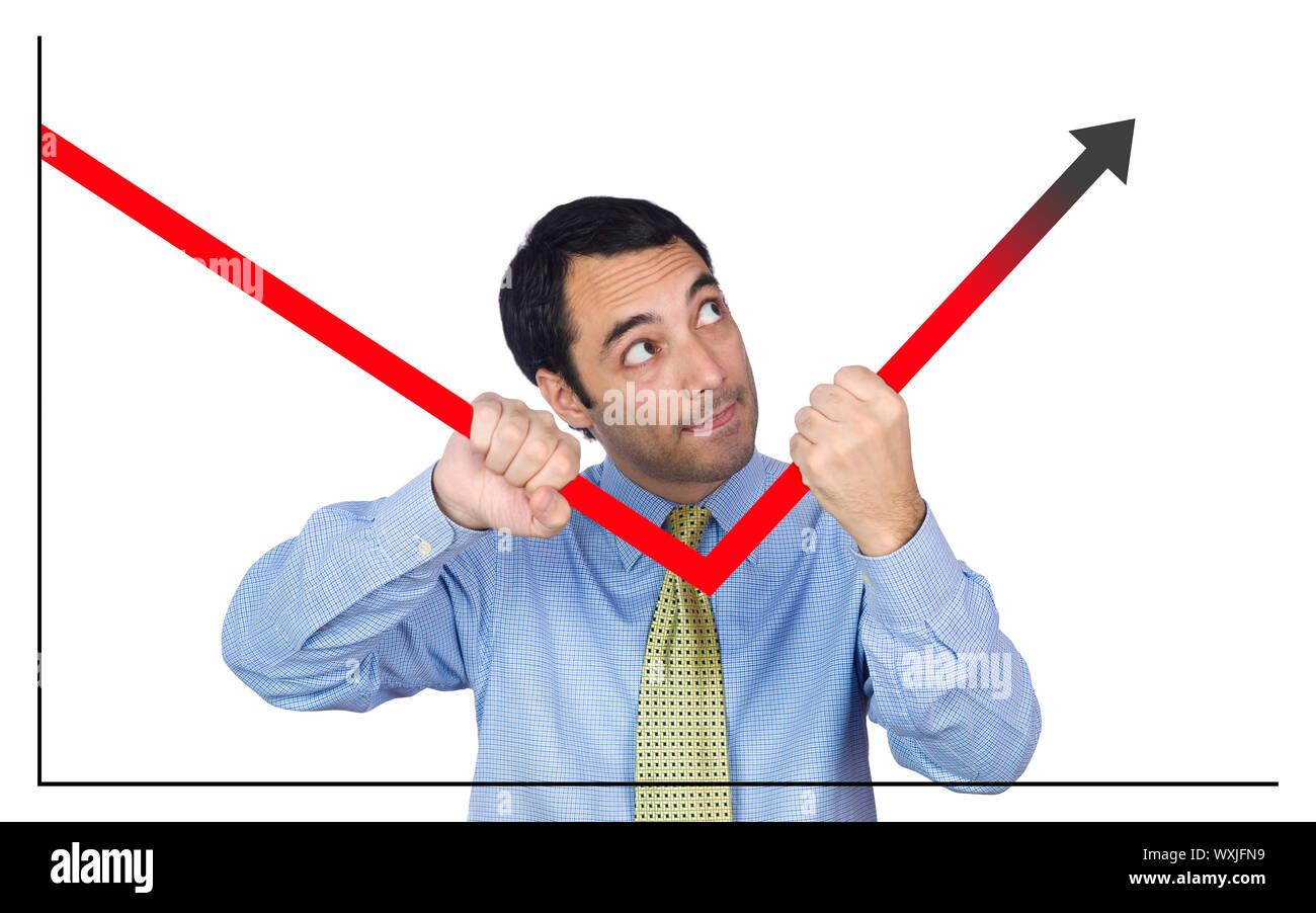 A young business man bending the chart with his own hands. Isolated on ...