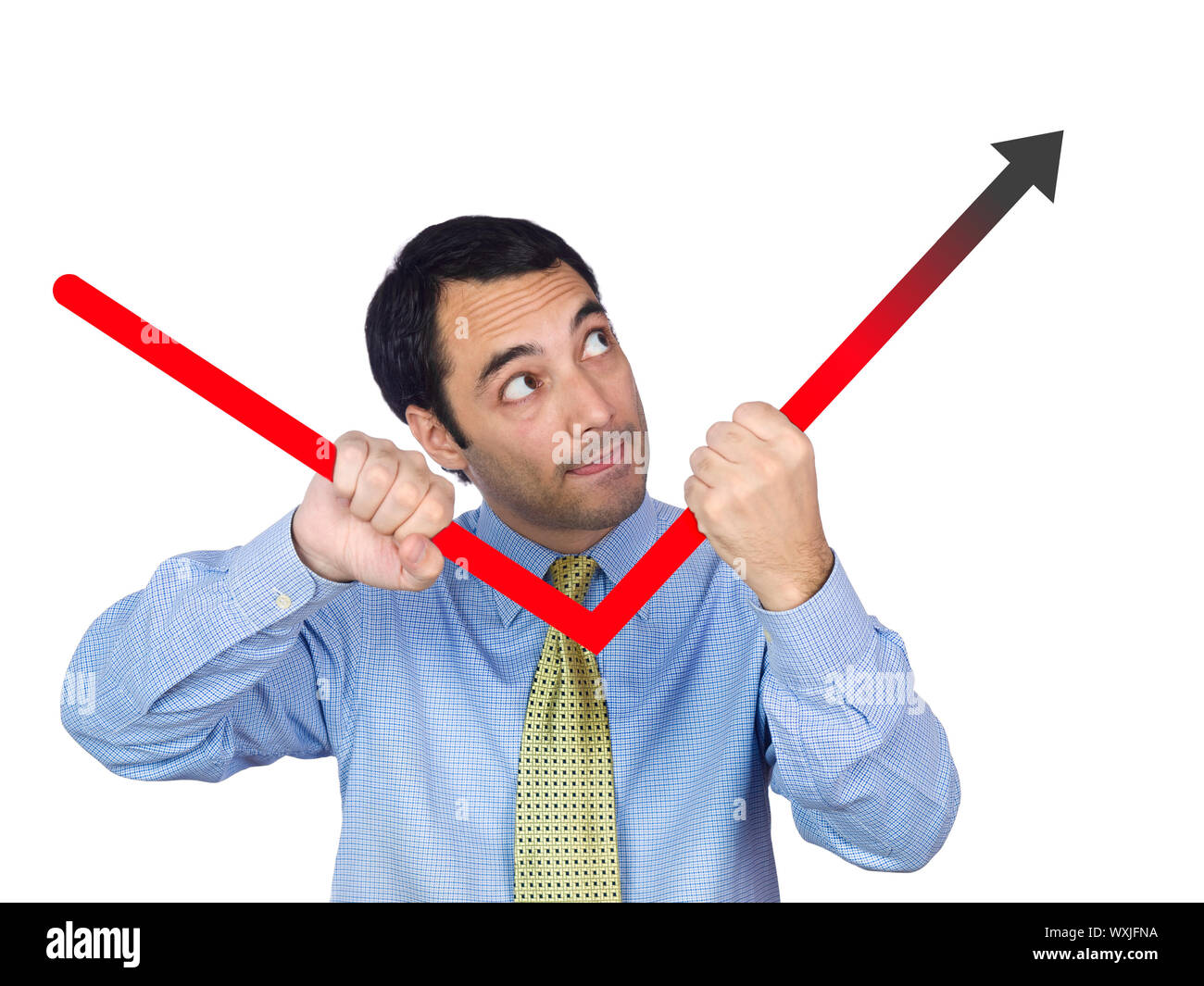 A young business man bending the chart with his own hands. Isolated on ...