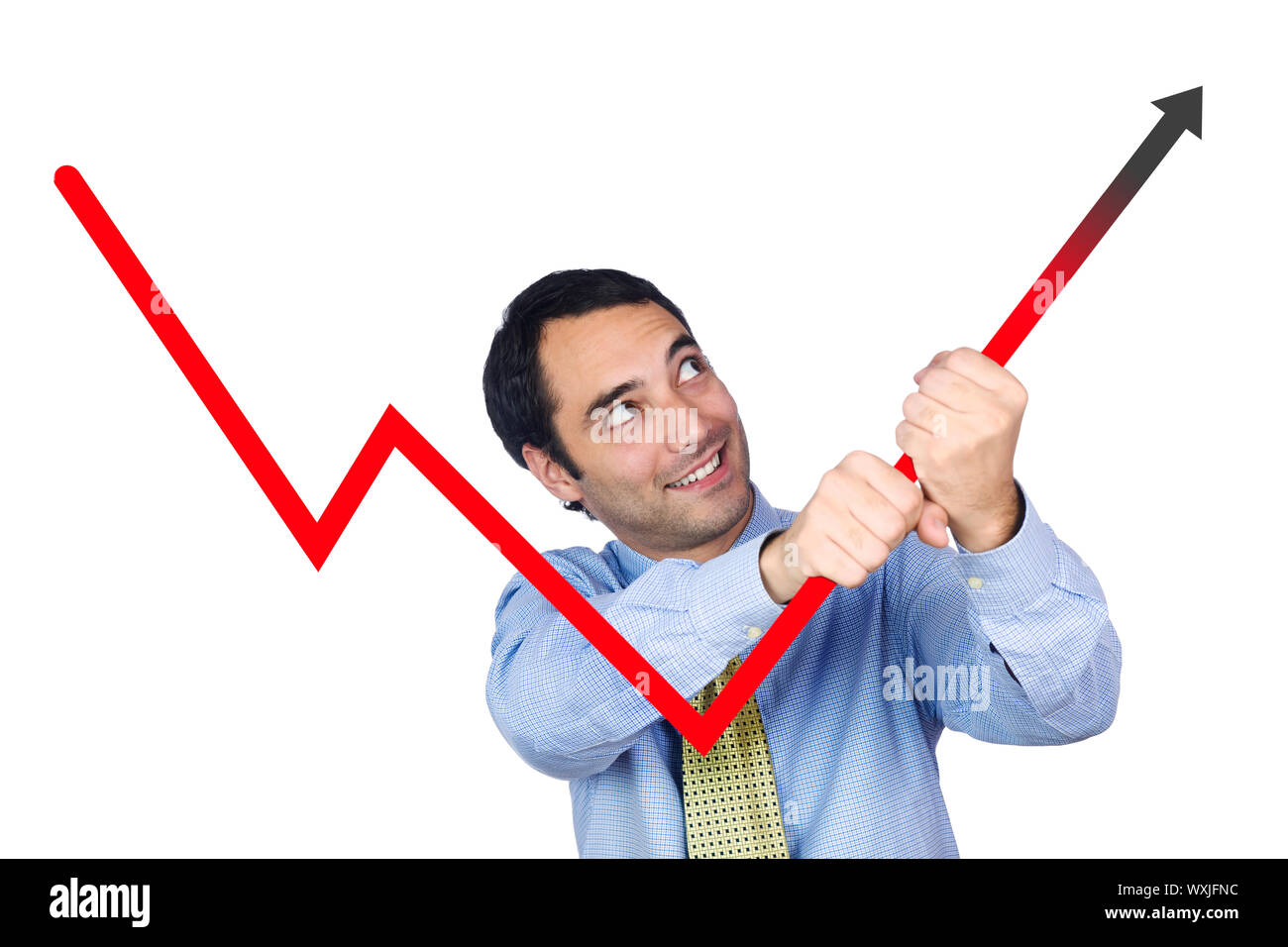 A young business man bending the chart with his own hands. Isolated on ...