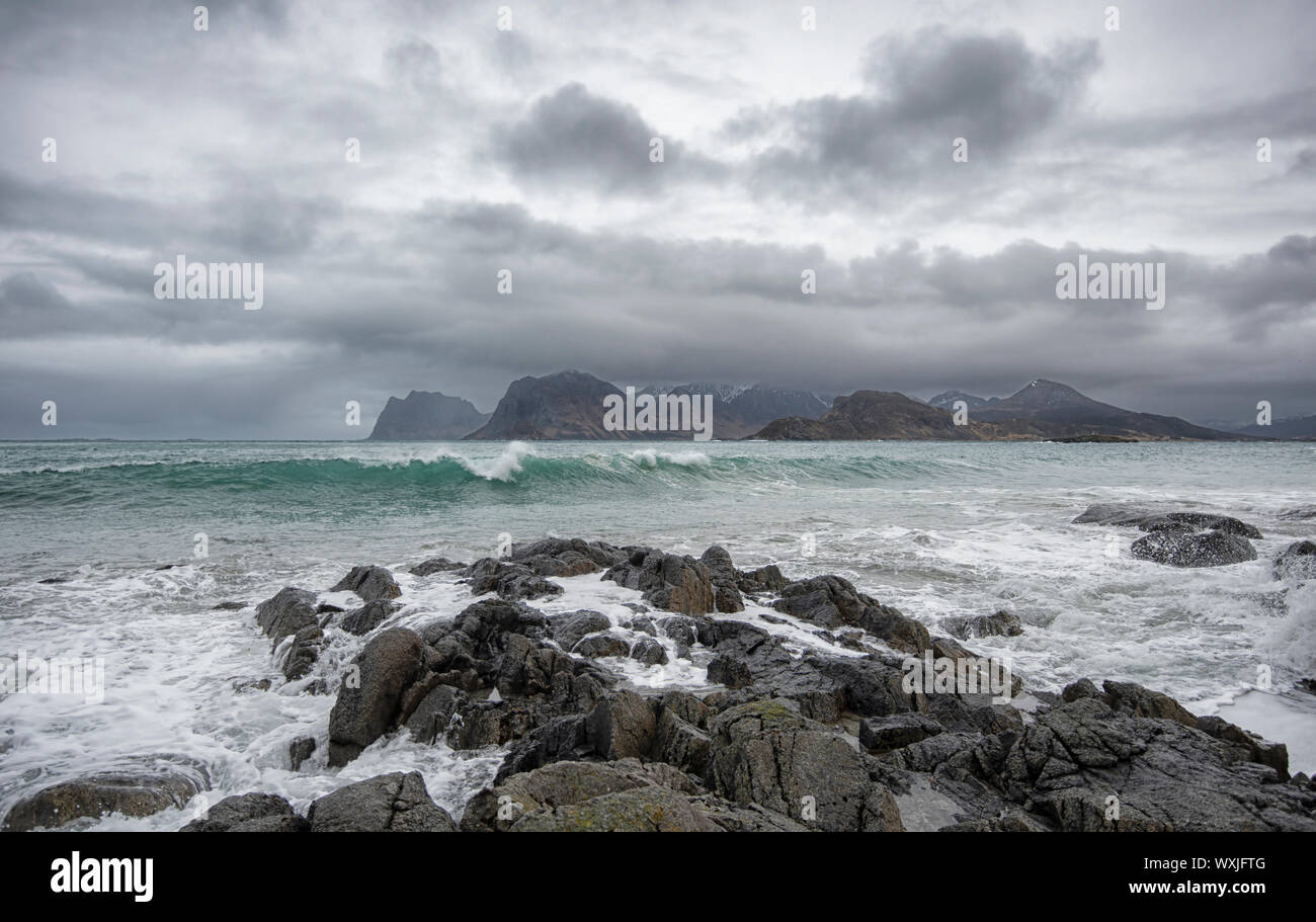 Windy day at Sandnes beach, Flakstad, Lofoten, Nordland, Norway Stock ...