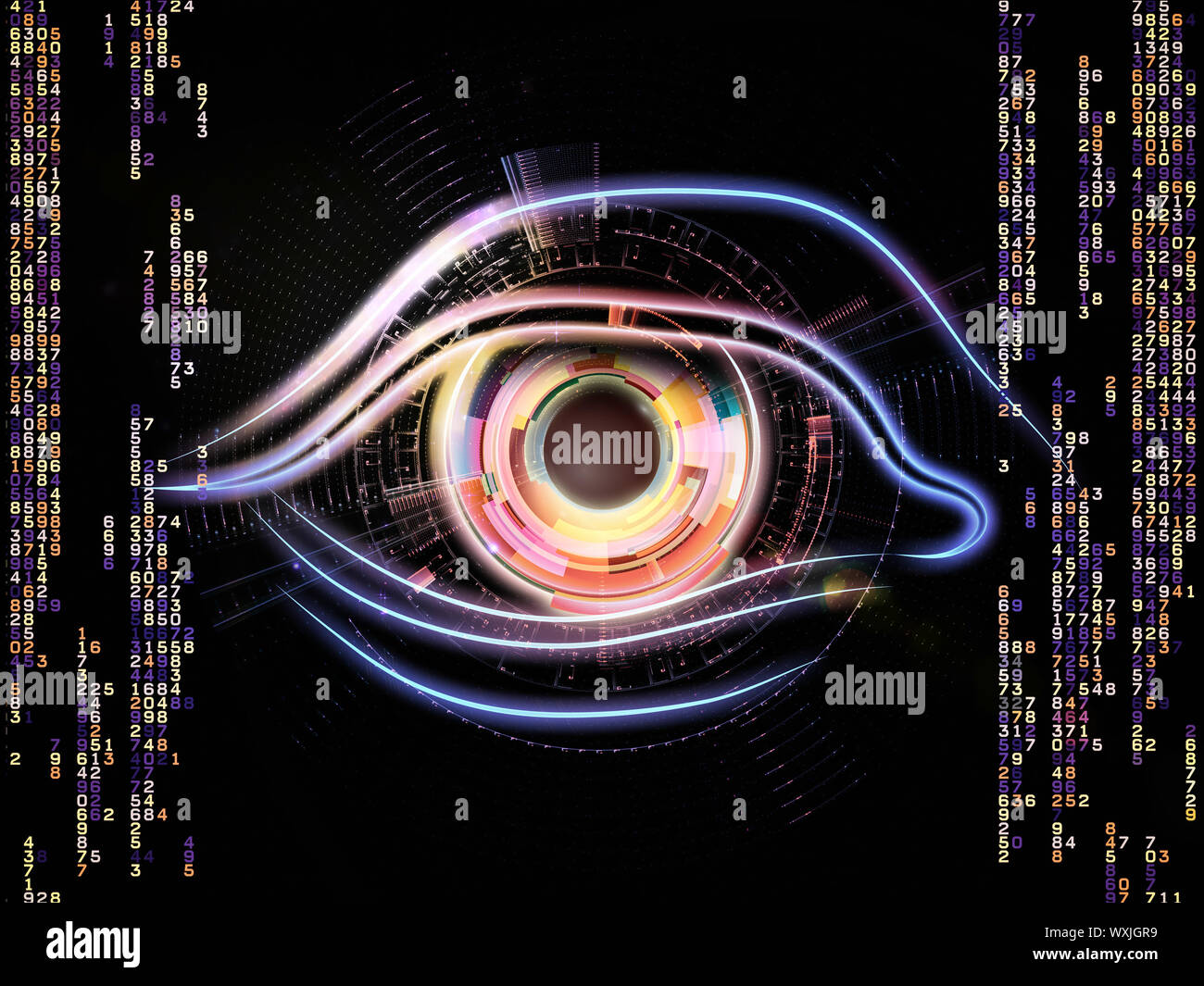 Composition of eye outlines, numbers, fractal and abstract design ...