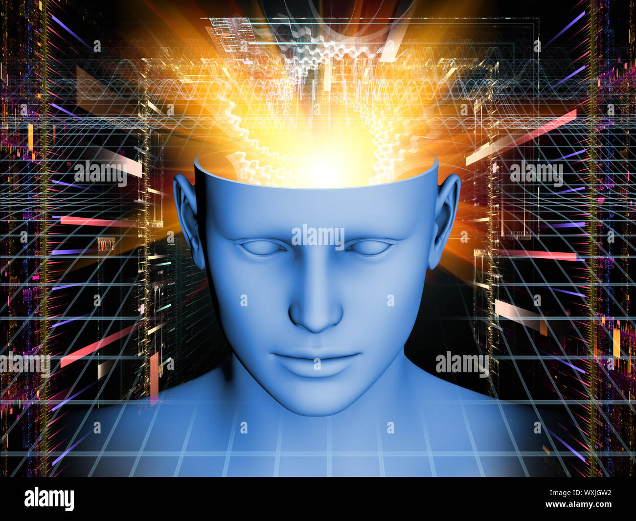 Abstract arrangement of human head and symbolic elements suitable as ...