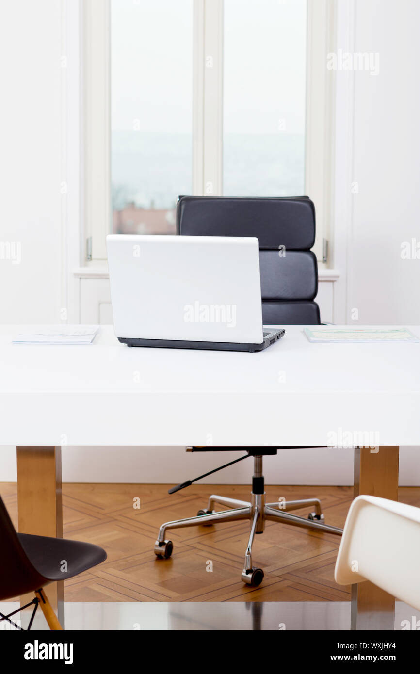 office workplace table and laptop white background architecture nobody ...