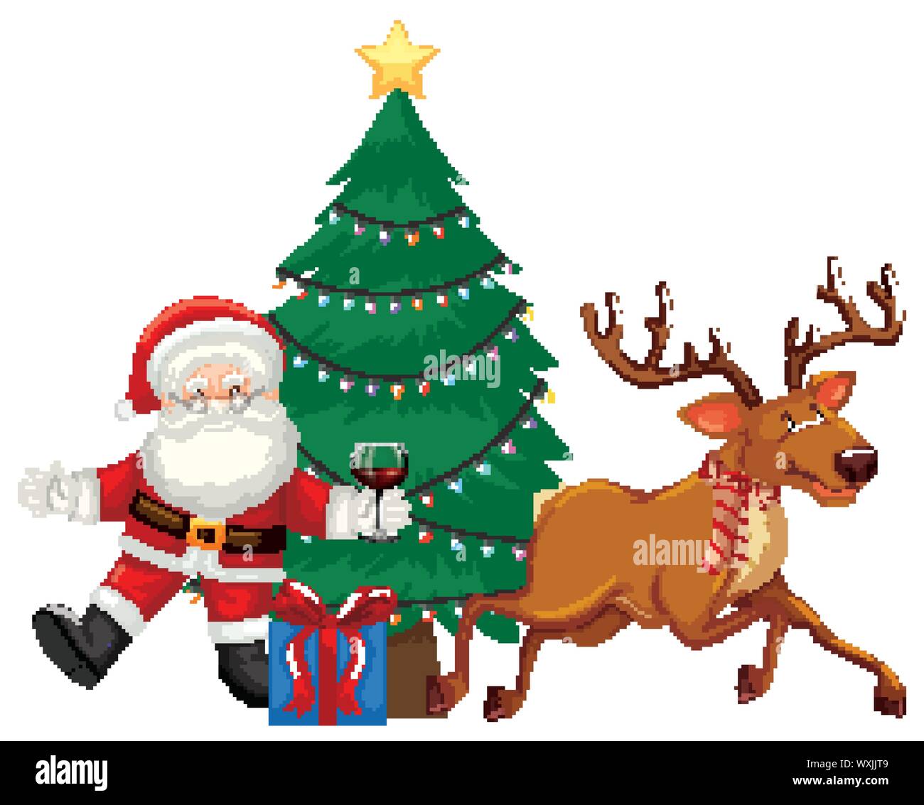 Santa and reindeer by the christmas tree illustration Stock Vector ...