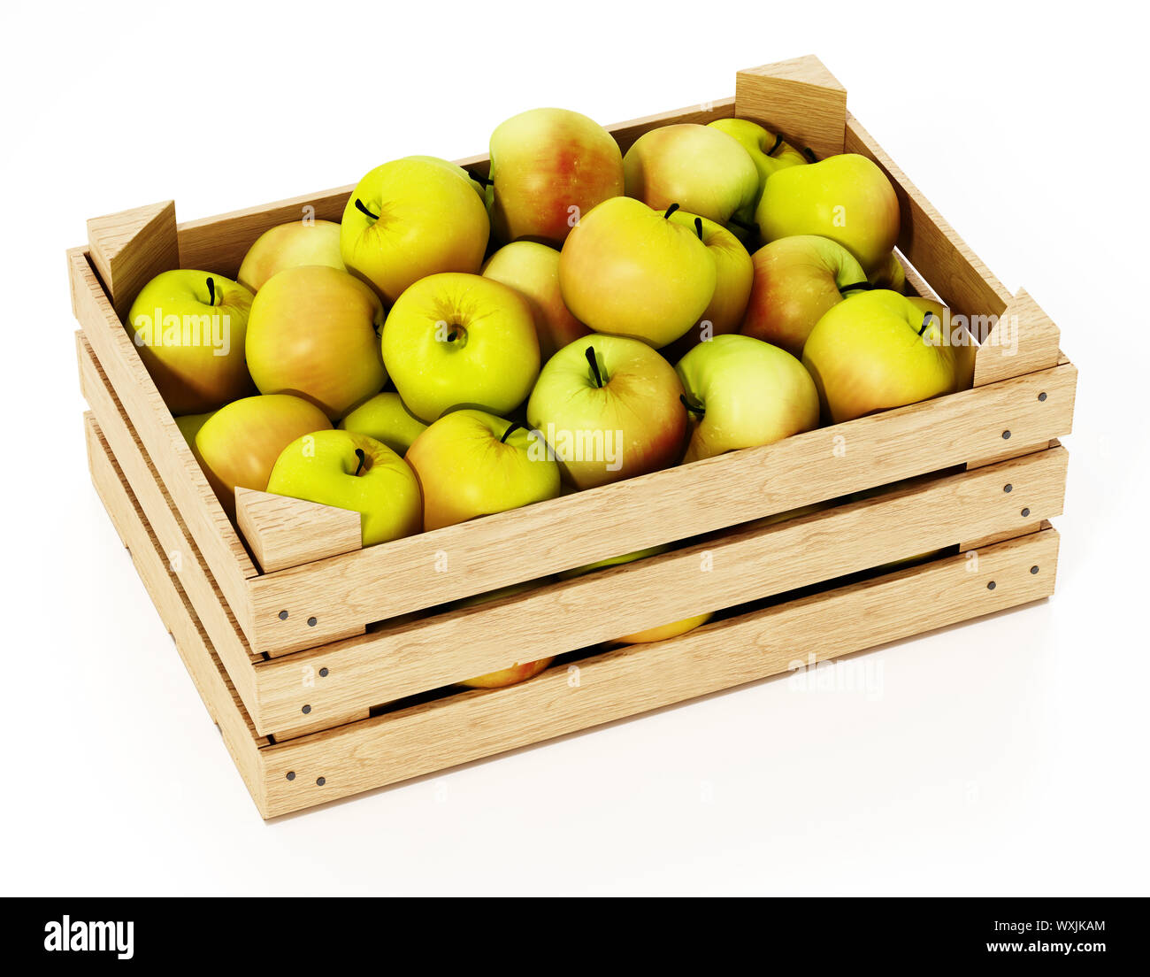 Fresh, newly harvested apples inside wooden crate. 3D illustration ...