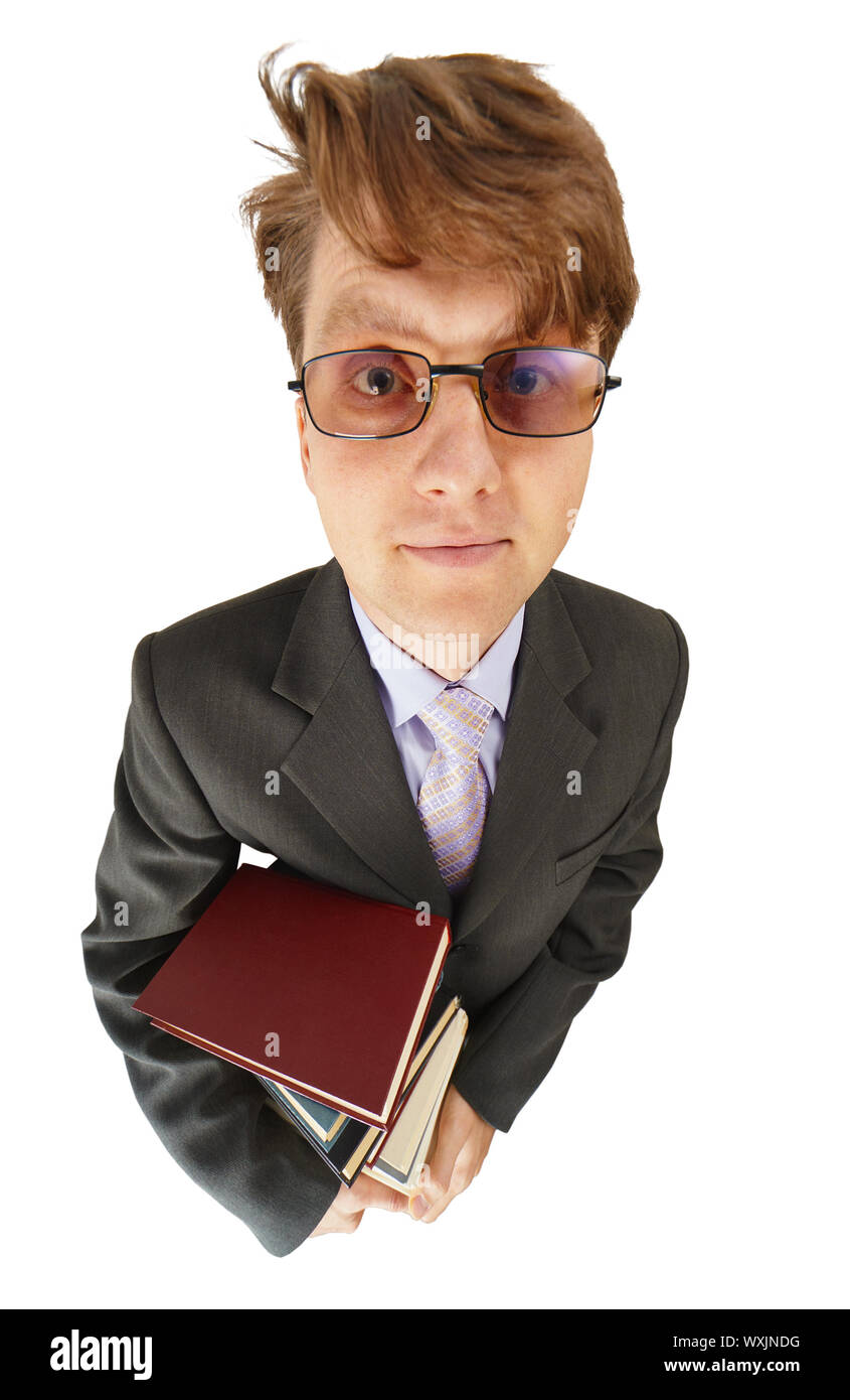 Funny guy with books on white background Stock Photo - Alamy