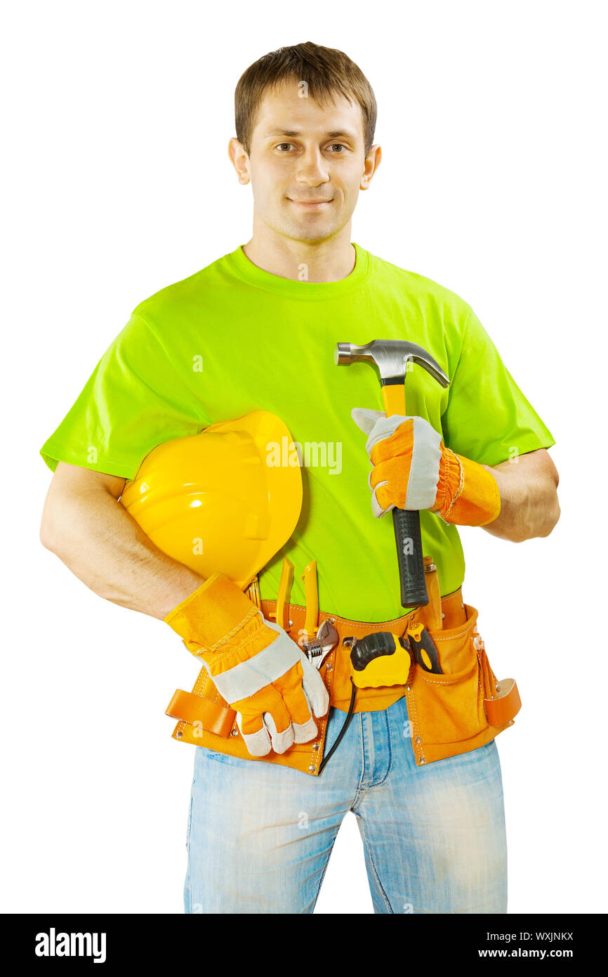 worker with tools isolated on white background Stock Photo - Alamy