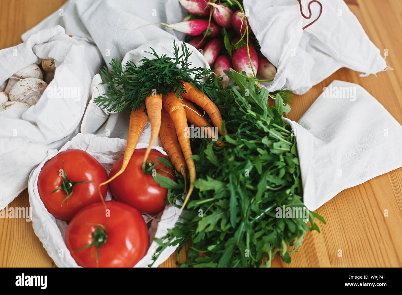 Zero waste grocery shopping concept. Reusable eco friendly bags with ...
