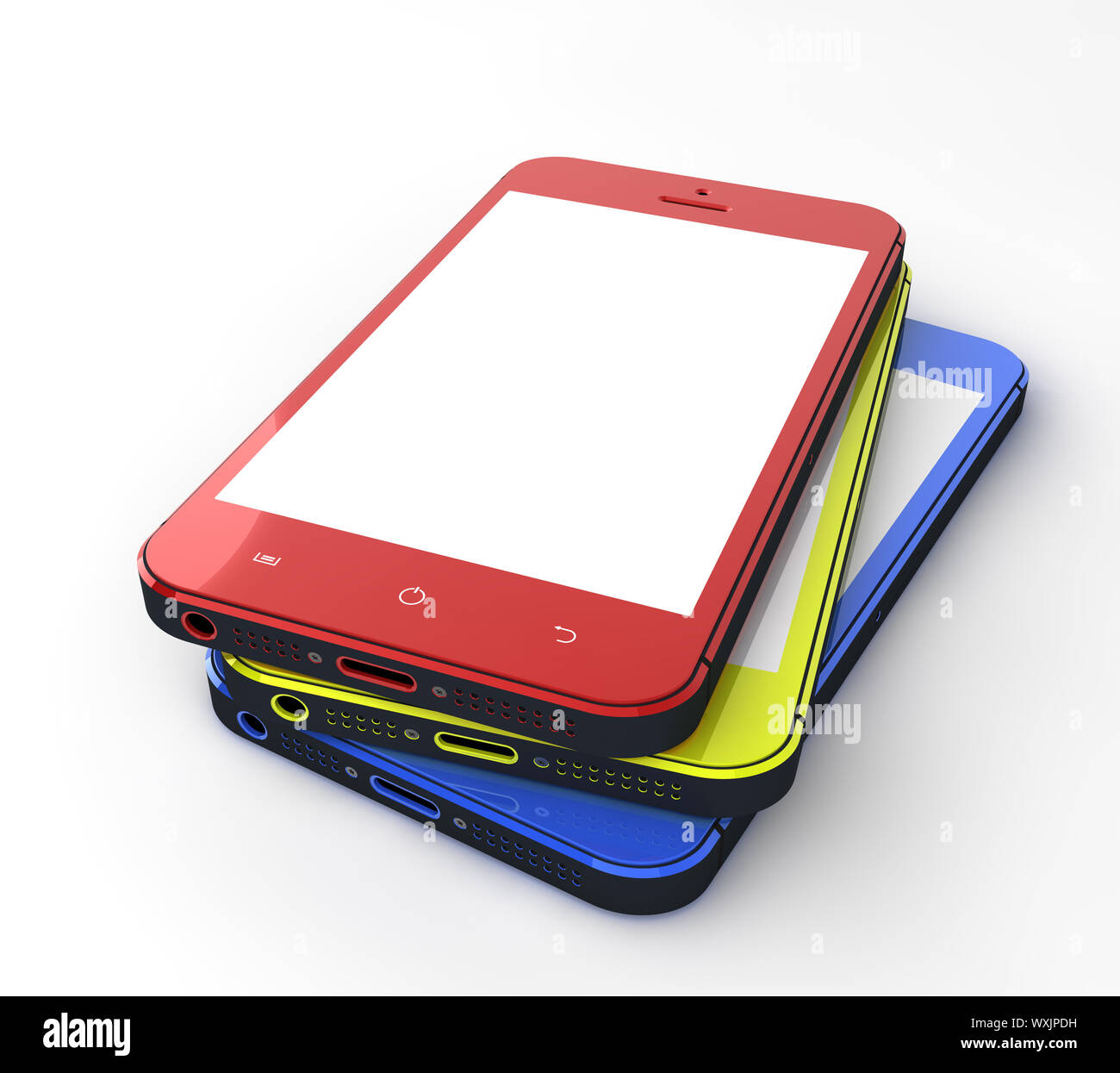 Realistic mobile phones in different colors with blank screen isolated ...