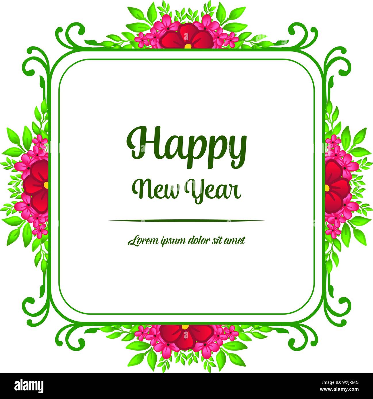 Frame card happy new year hand drawn with beautiful nature green leafy ...