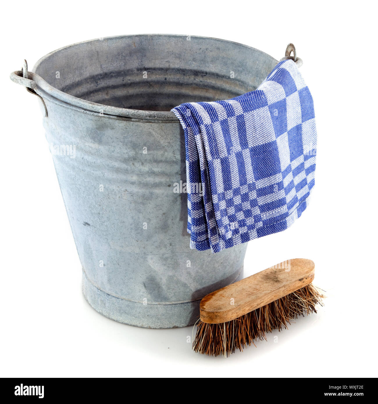 Old zinc bucket with cleaning brush and cloth Stock Photo - Alamy