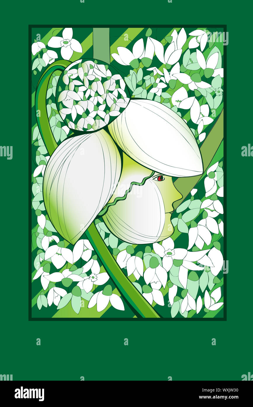 Hand drawn illustration of a snowdrop with human head in a garden ...