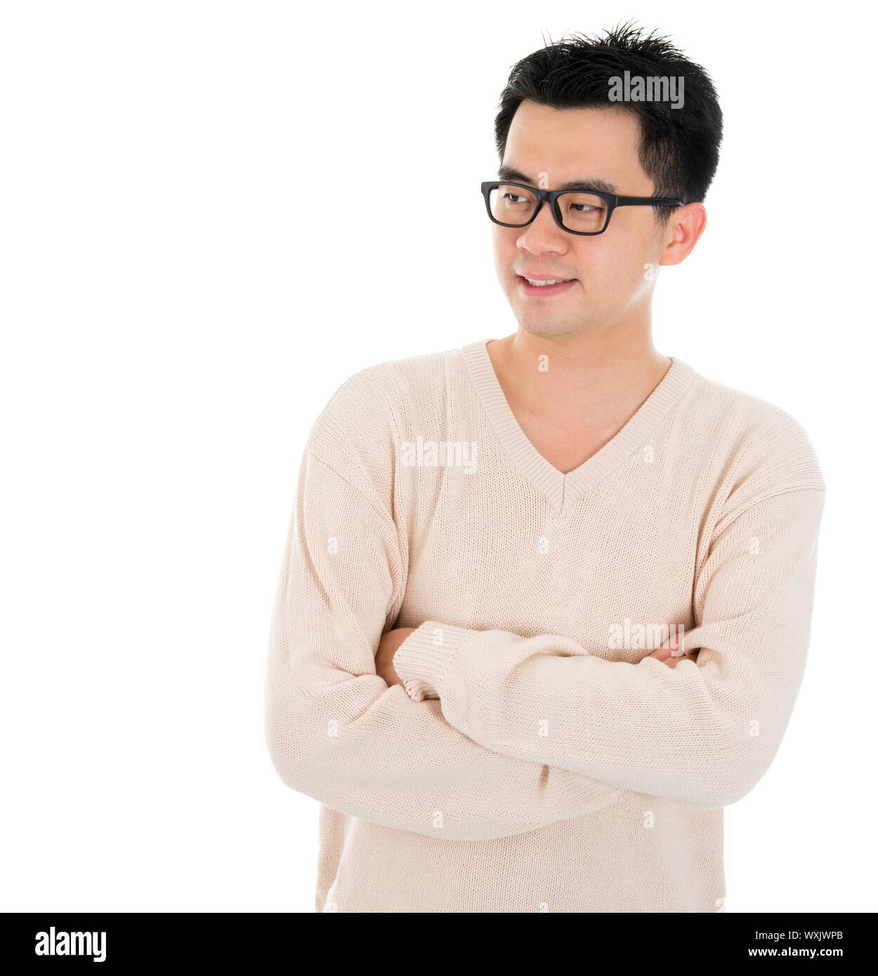 Front view headshot Asian man in casual wear looking at side standing ...