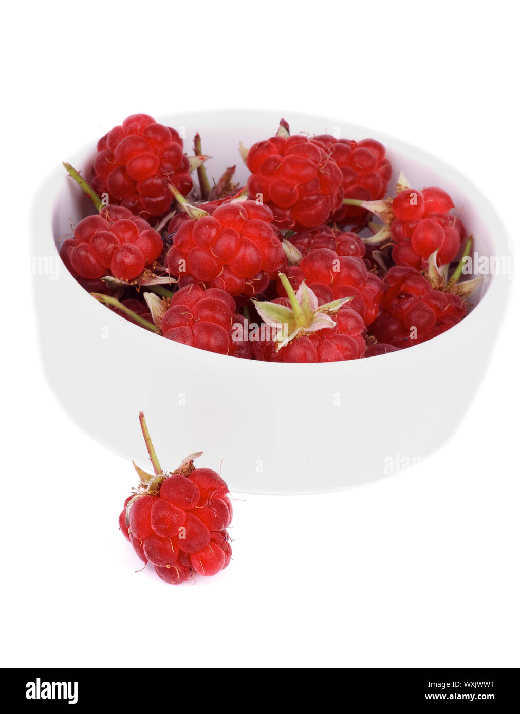 Juicy Raspberries with Fruit Stems in White Bowl isolated on white ...