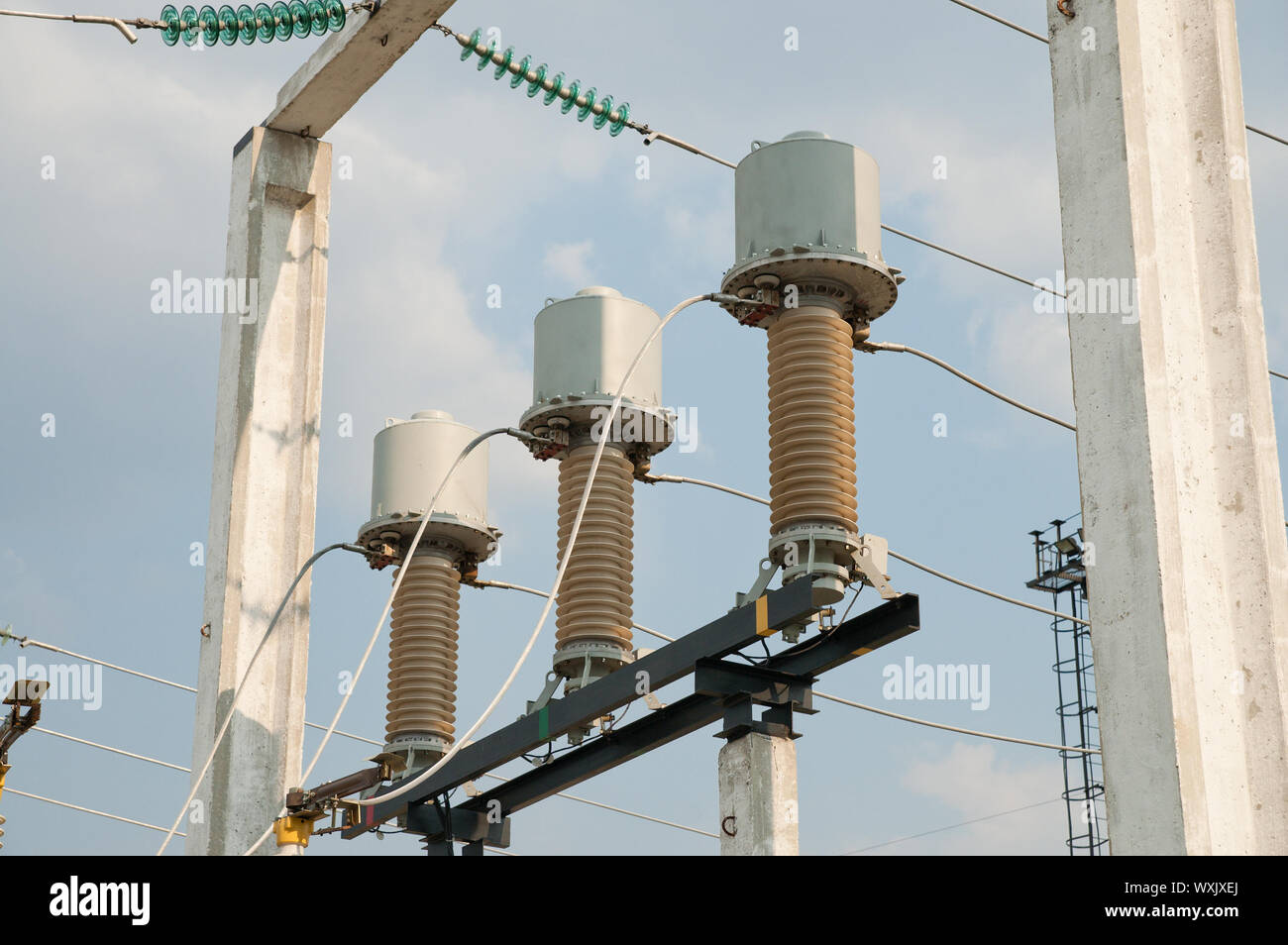 general view to high-voltage substation with switches and disconnectors ...