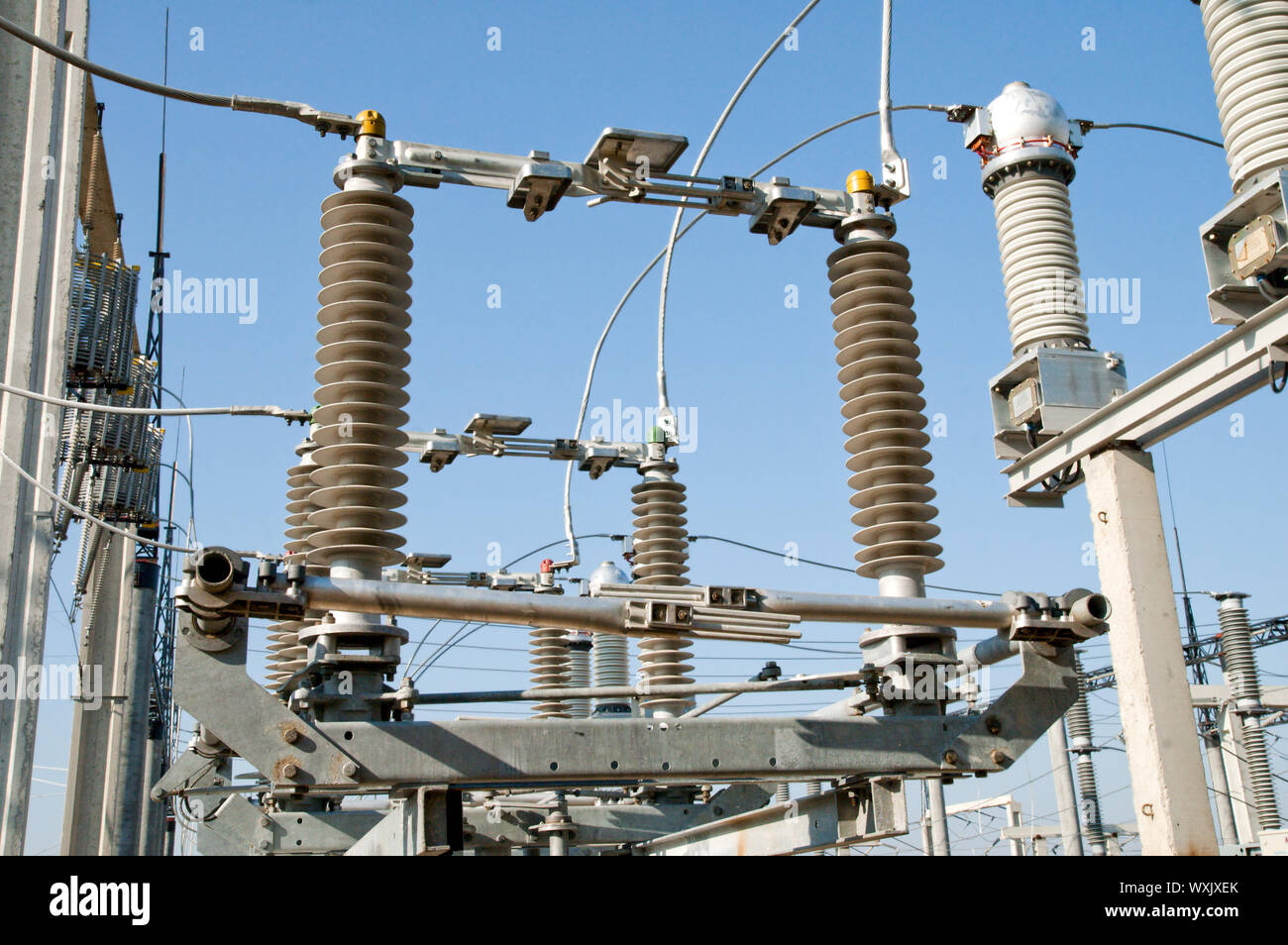 general view to high-voltage substation with switches and disconnectors ...
