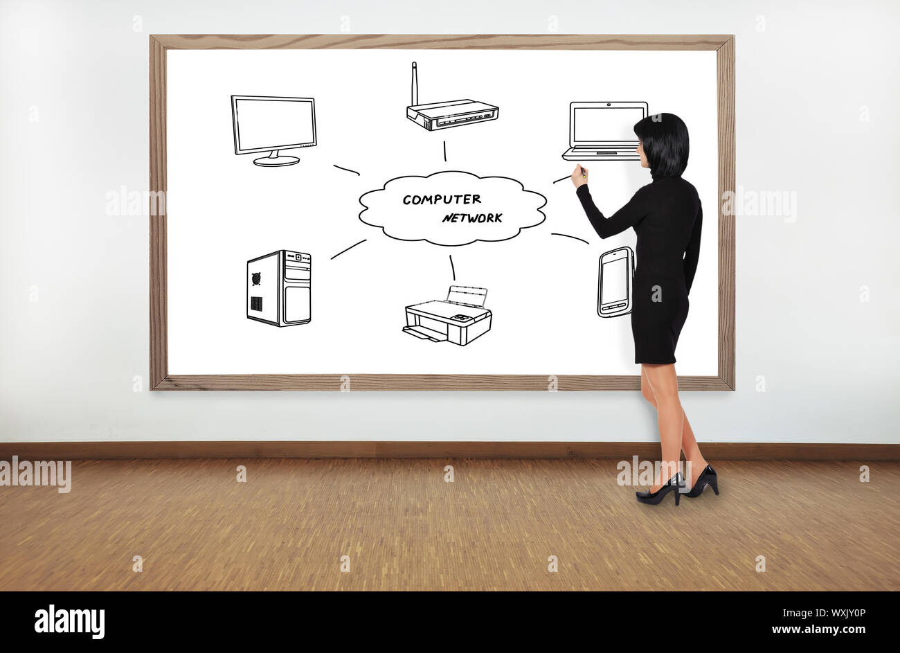 businesswoman drawing computer network on blackboard Stock Photo - Alamy