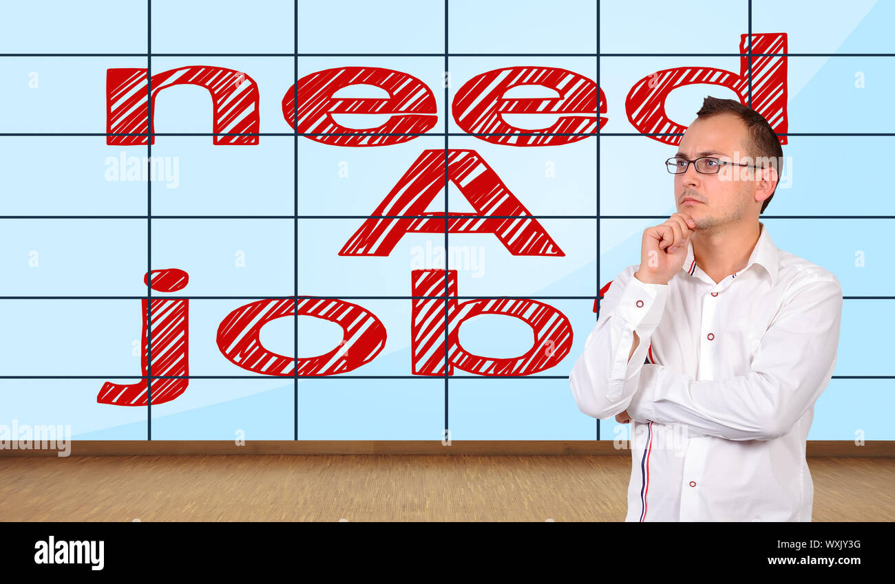 thinking businessman in office and plasma wall, need a job concept ...