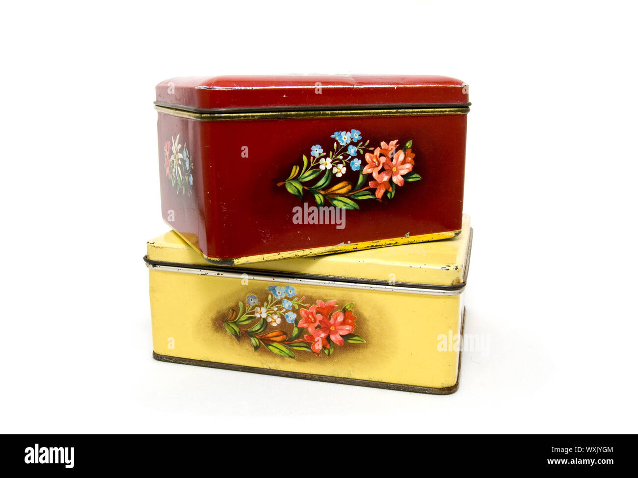 Metal boxes with flower decoration on a white background Stock Photo ...