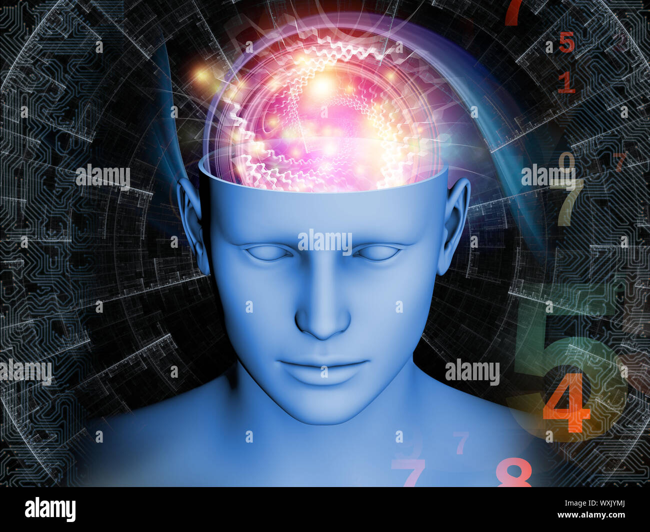 Backdrop of human head and symbolic elements on the subject of human ...