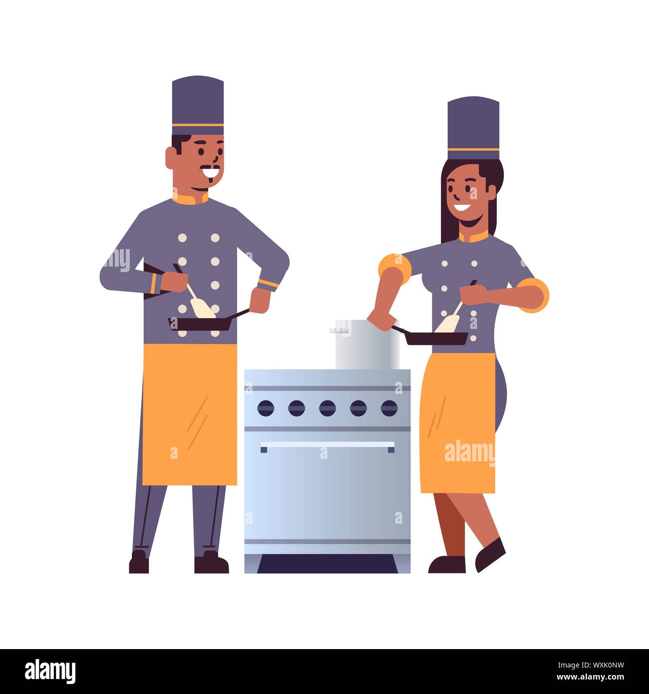 cooks couple professional chefs using frying pan stirring food african ...