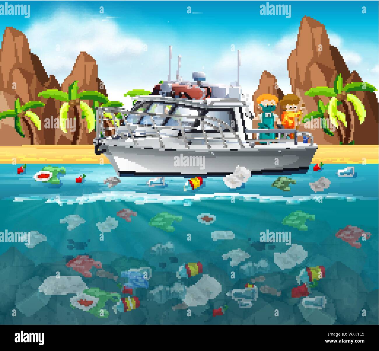 Water pollution with plastic bags in ocean illustration Stock Vector ...