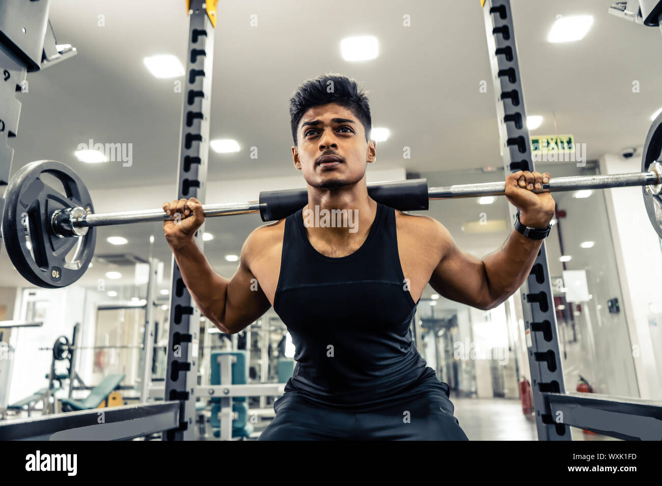 Man at the gym. Execute exercise squatting with weight, in gym Stock ...