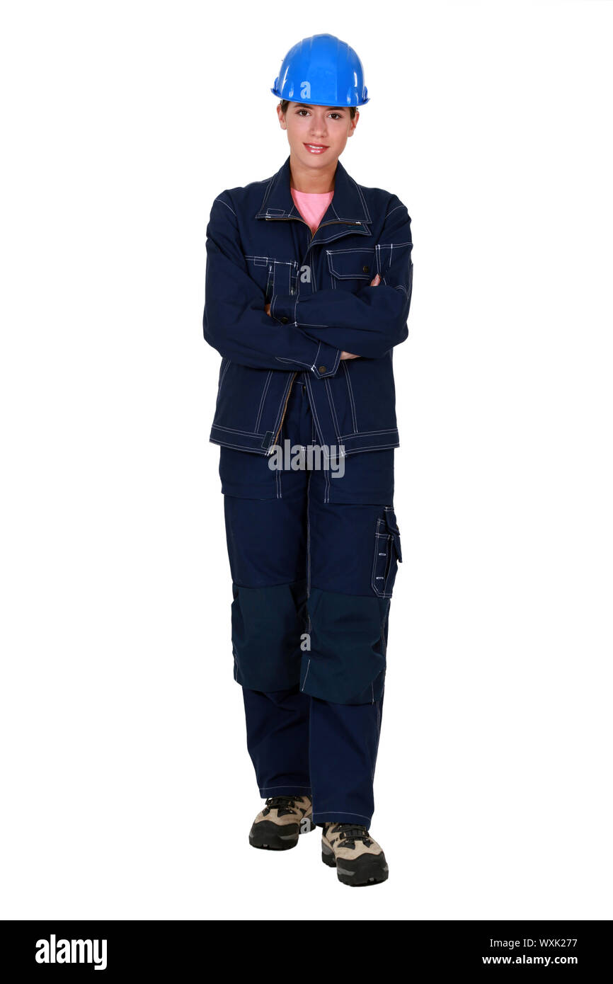 Female laborer standing on white background Stock Photo - Alamy