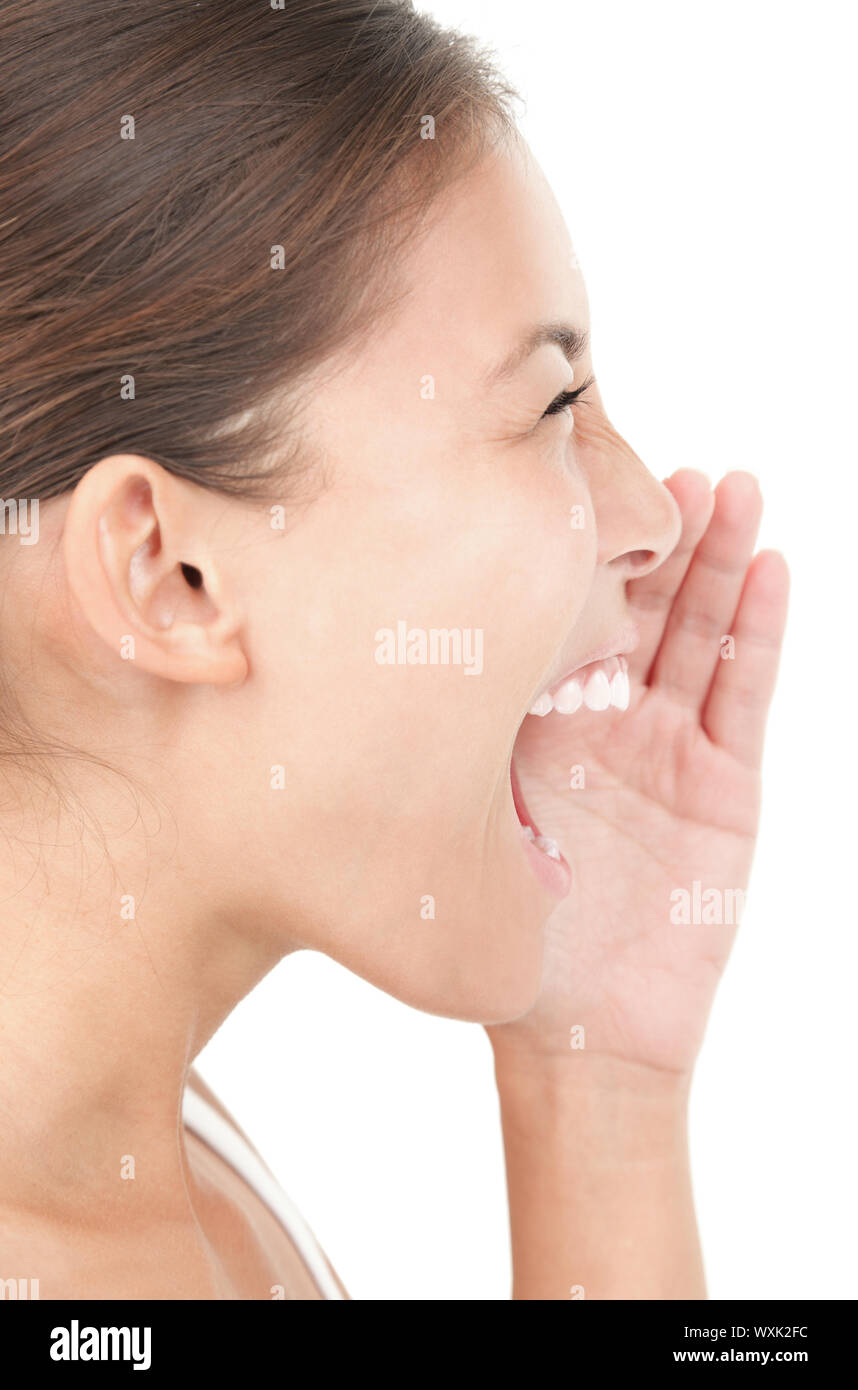 Woman shouting / screaming isolated portrait in profile. Asian woman ...