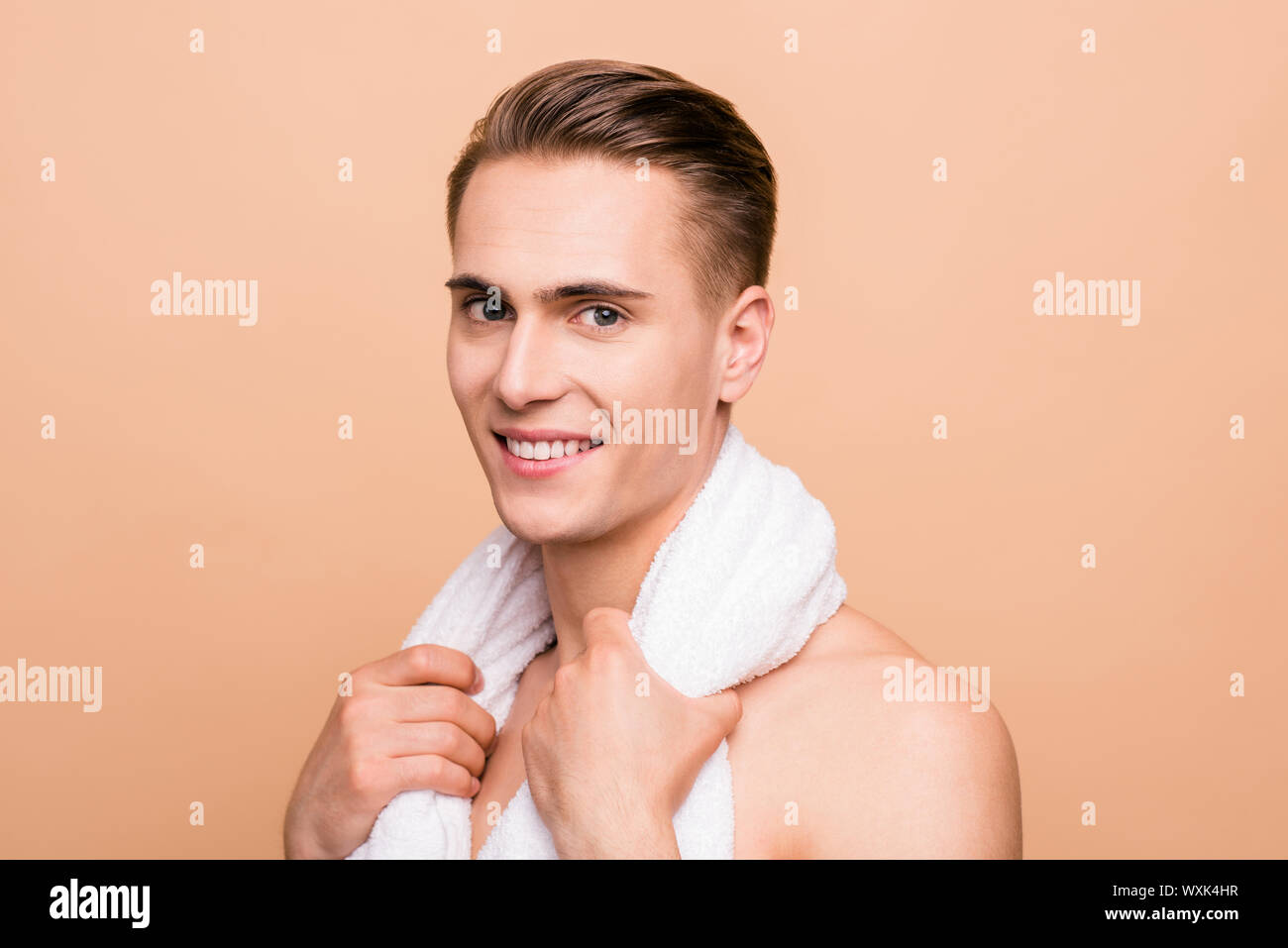 Profile side view half turn photo of brown-haired man with big t Stock ...