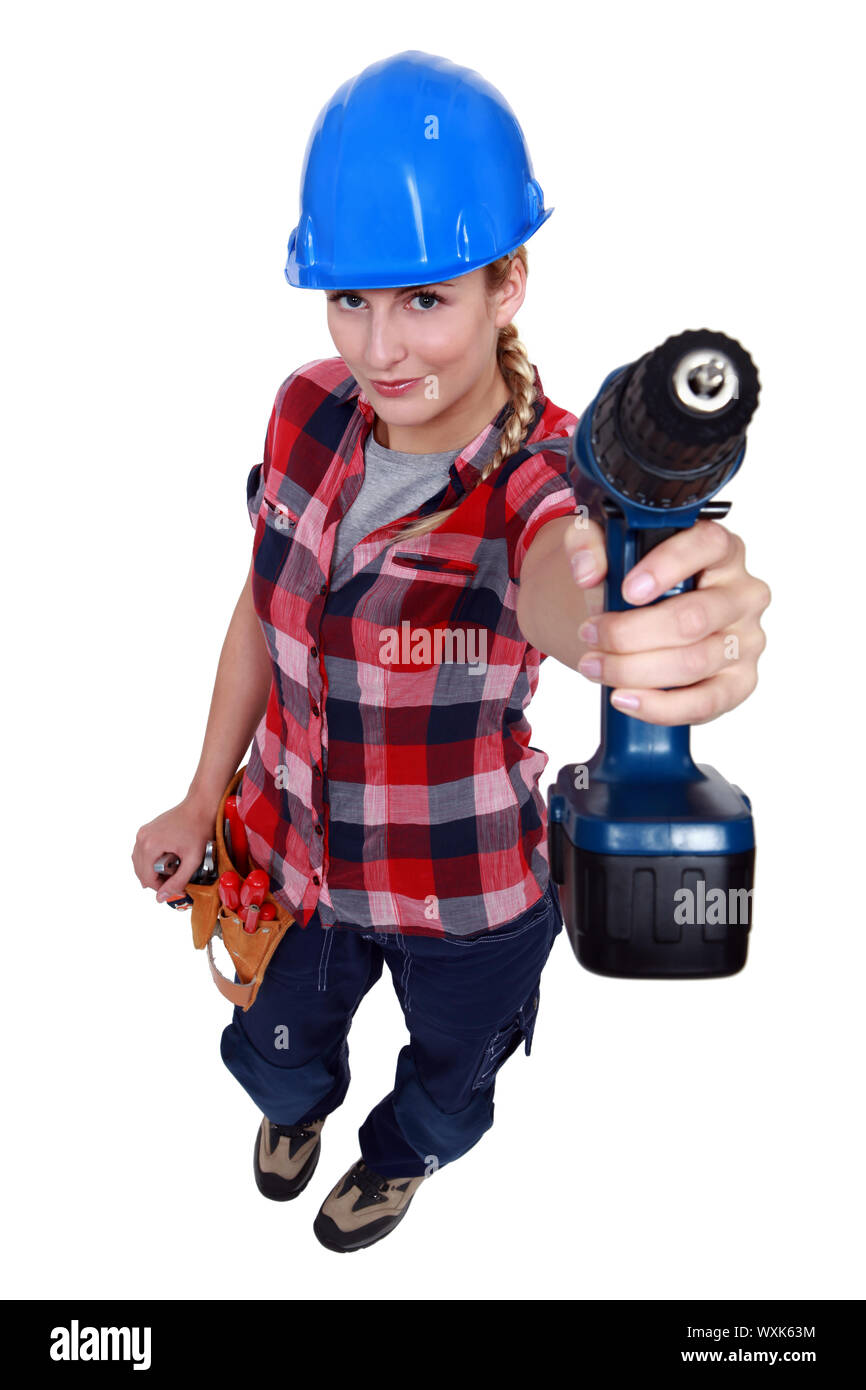 Female construction worker drill Cut Out Stock Images & Pictures - Alamy