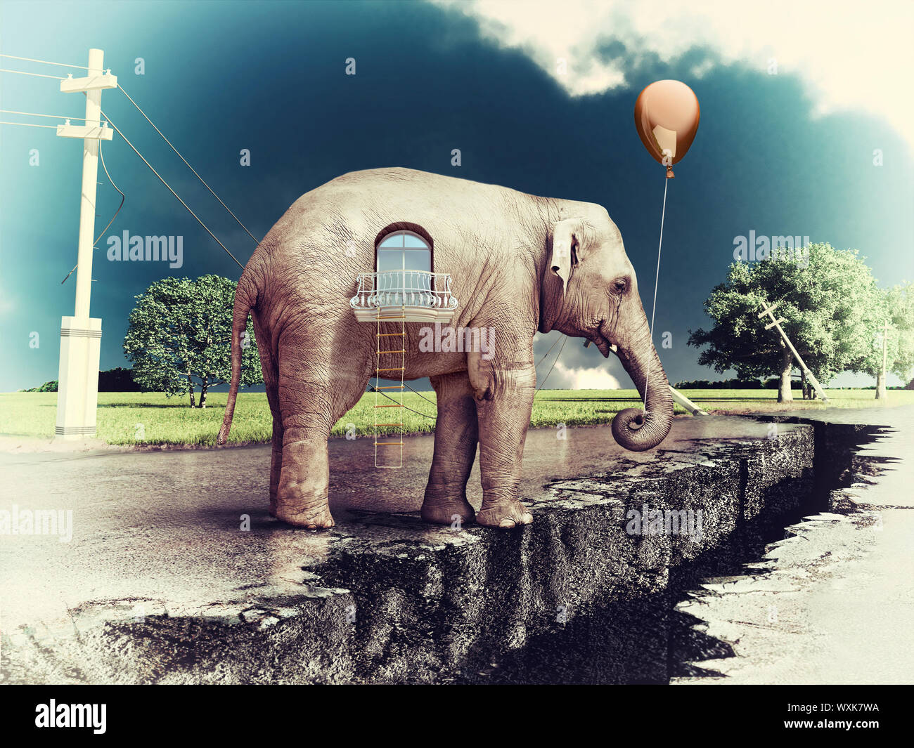 elephant as a house on the cracked road concept ( photo and hand ...