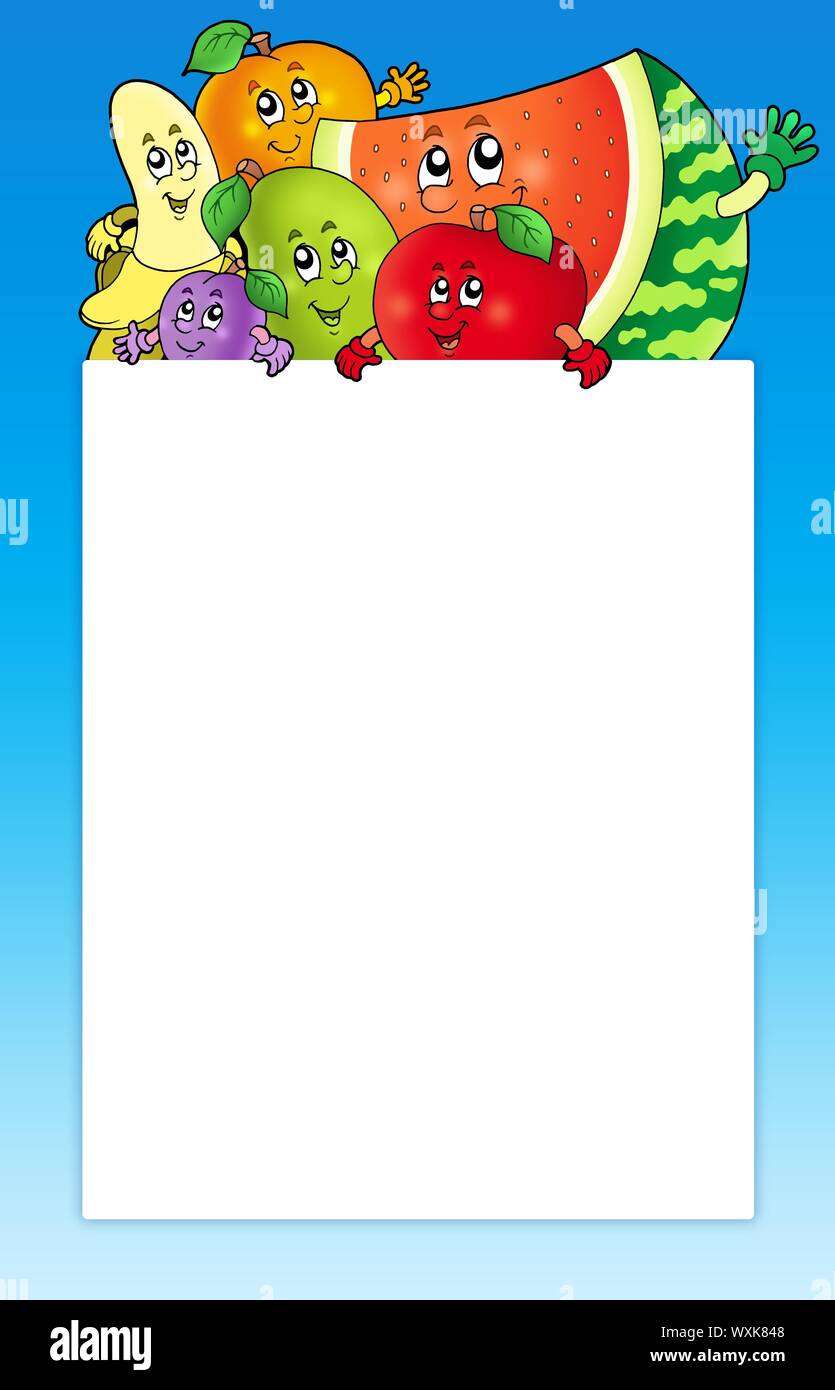 Cartoon fruits holding blank board - color illustration Stock Photo - Alamy