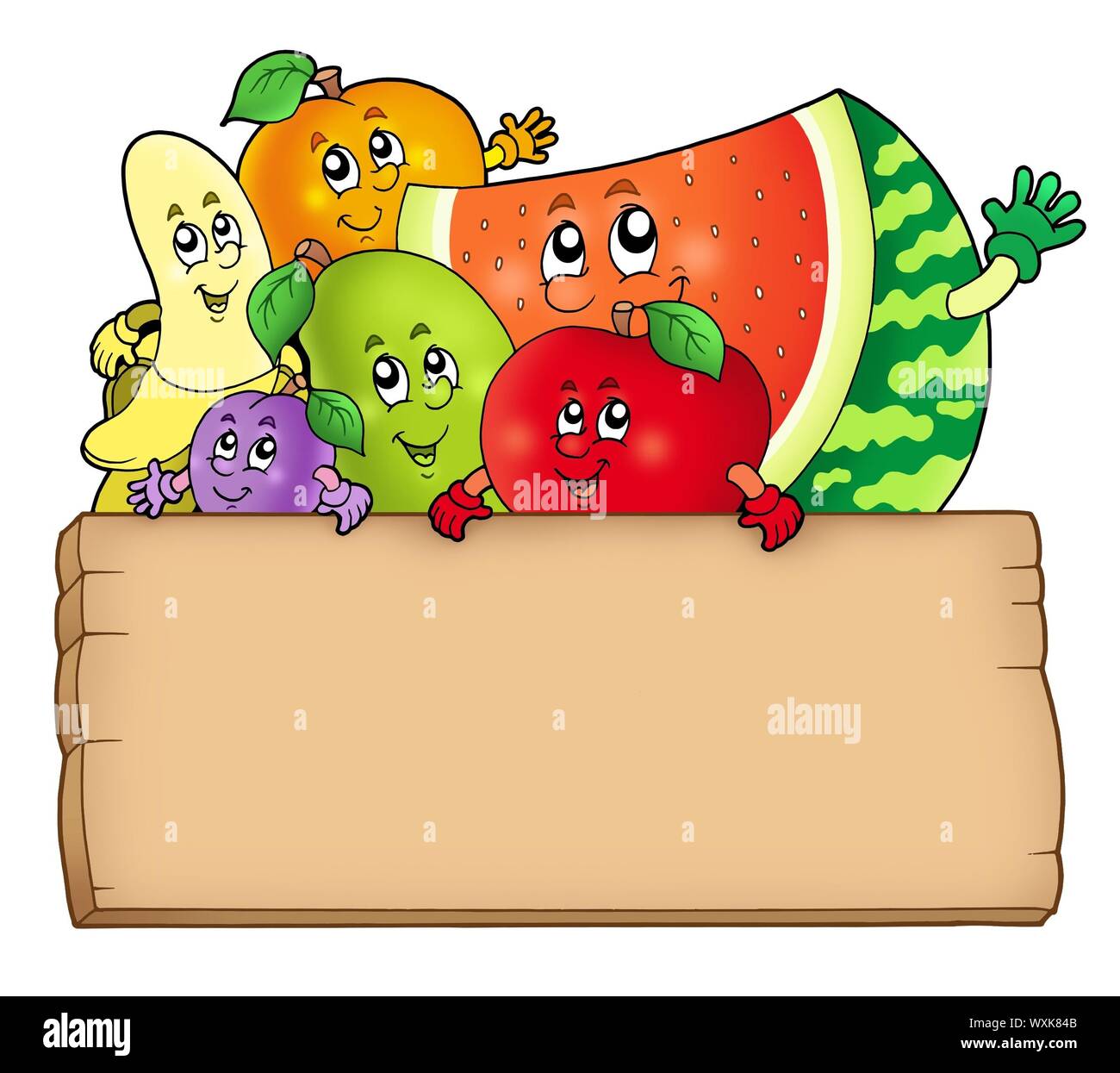Cartoon fruits holding wooden table - color illustration Stock Photo ...