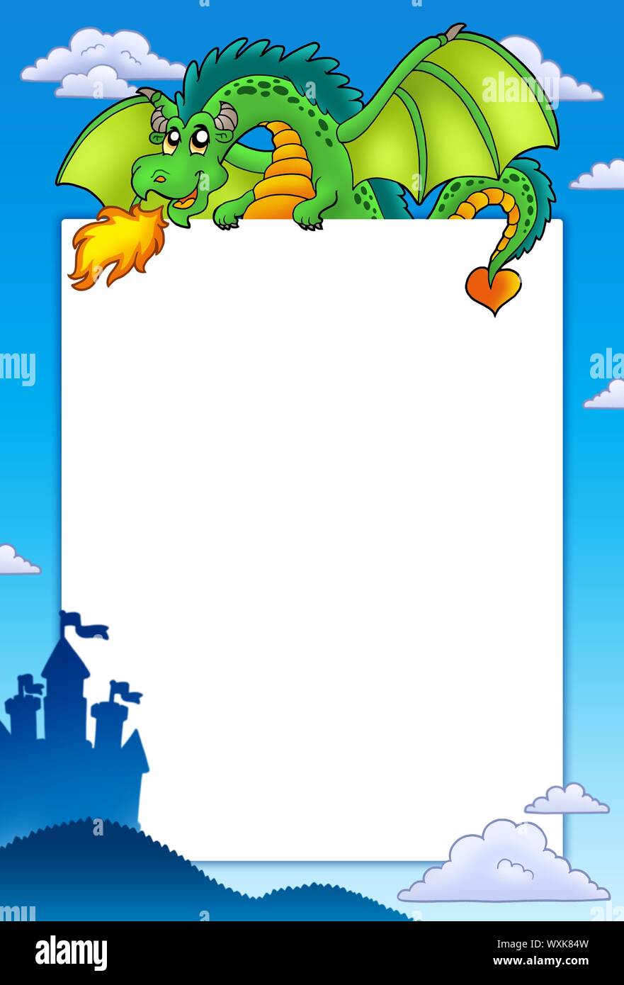 Frame with green dragon and castle - color illustration Stock Photo - Alamy