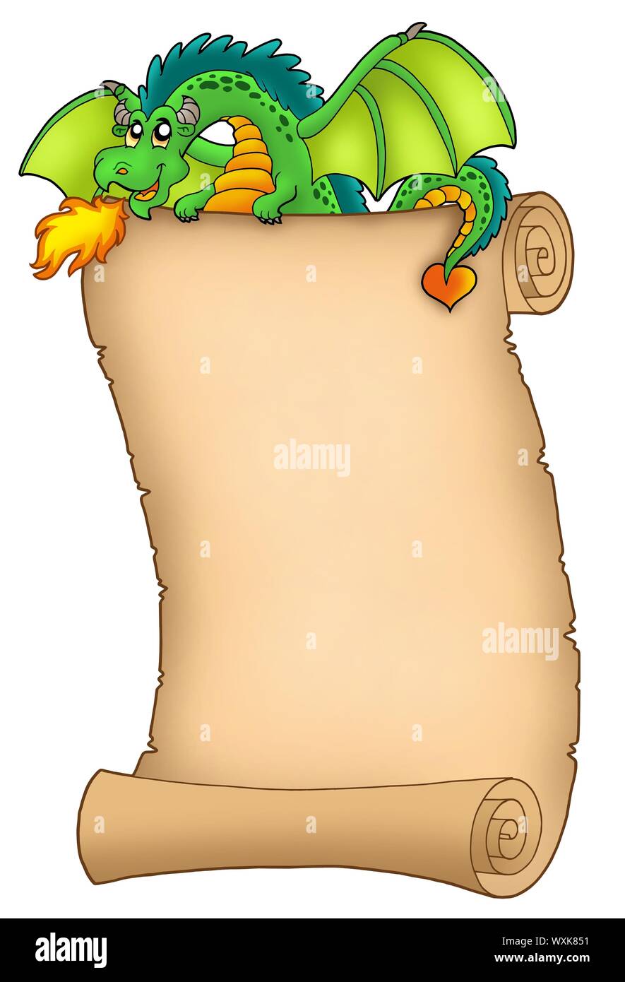 Giant green dragon holding scroll - color illustration Stock Photo - Alamy