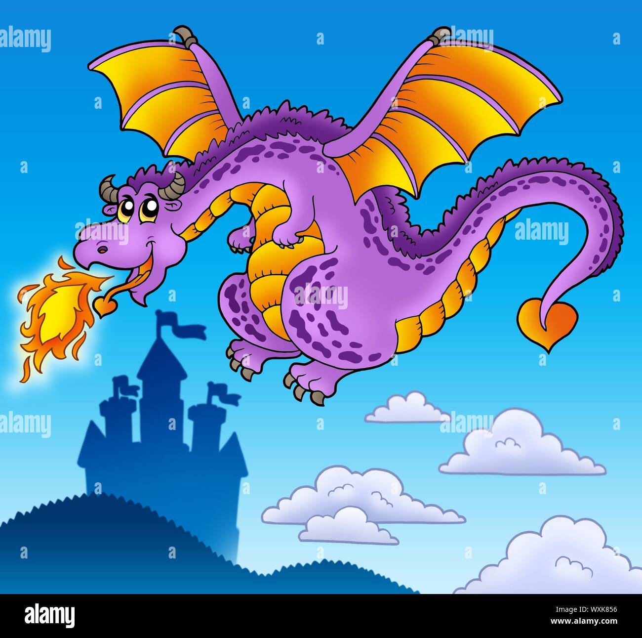 Huge flying dragon near castle - color illustration Stock Photo - Alamy