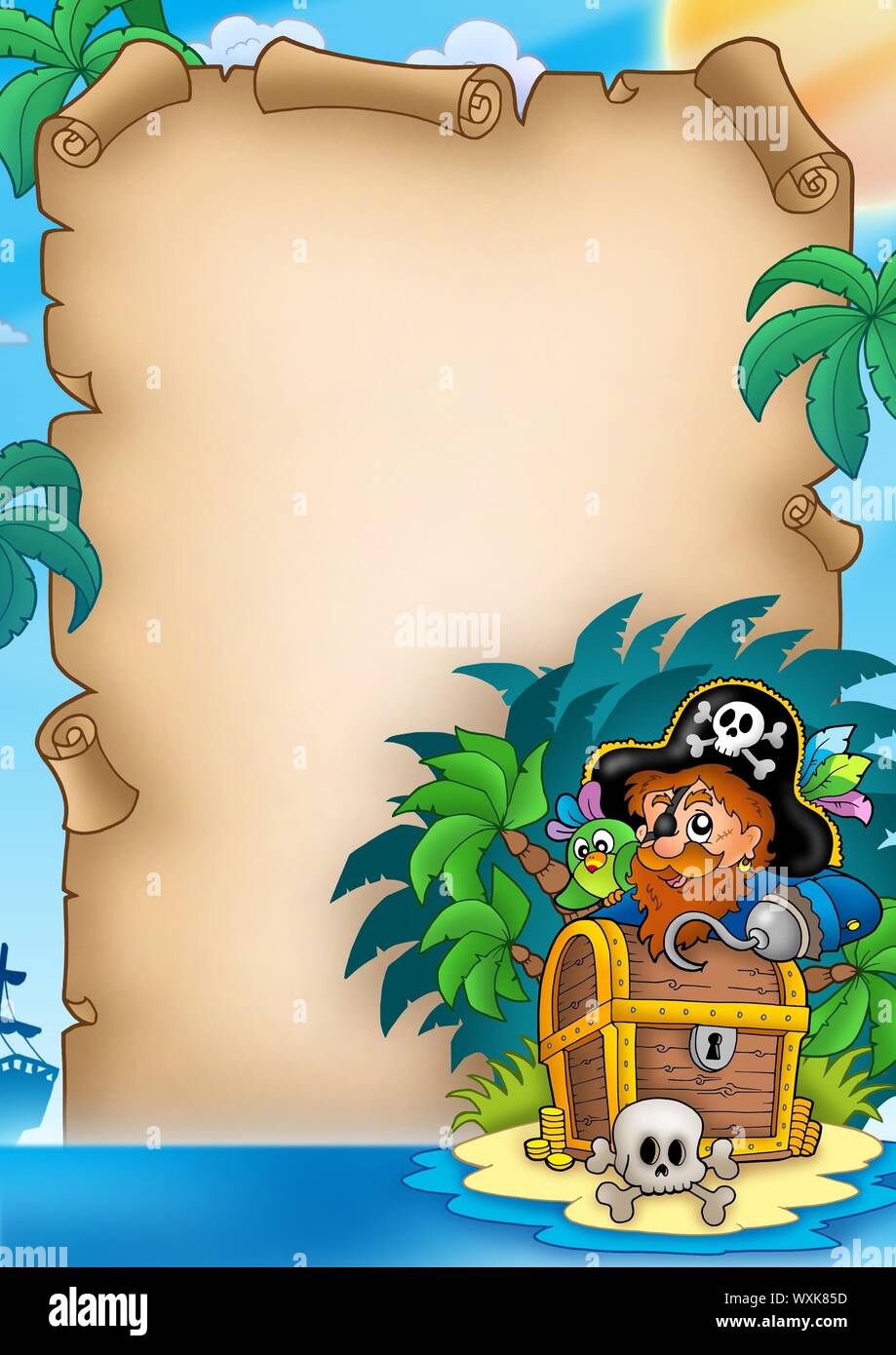 Parchment with pirate on island - color illustration Stock Photo - Alamy