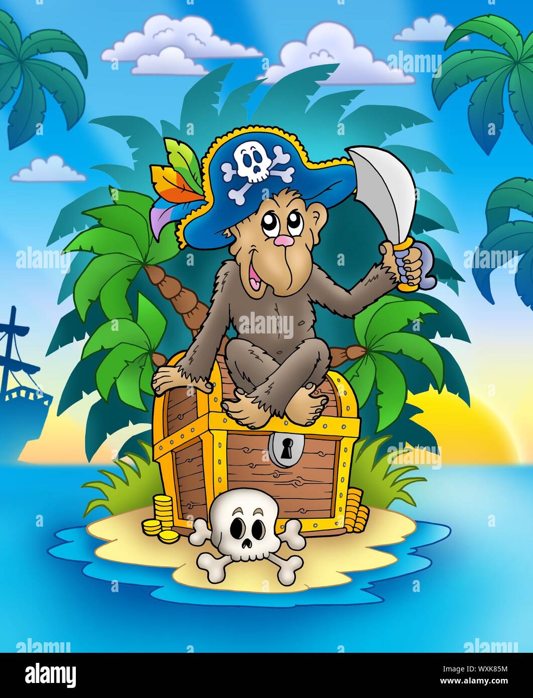 Pirate monkey on treasure island - color illustration Stock Photo - Alamy