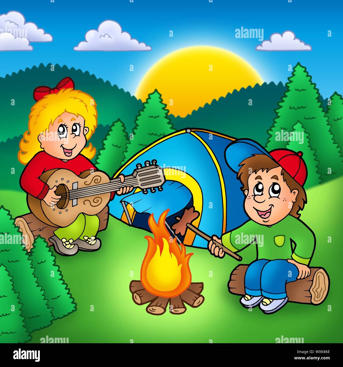 Kids Campfire Clipart Outdoor Camping With Scout Kids Illustration