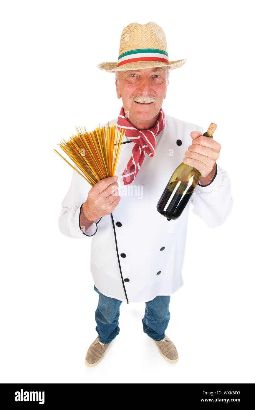 Italian cook holding mixed colorful spaghetti and a bottle of wine ...