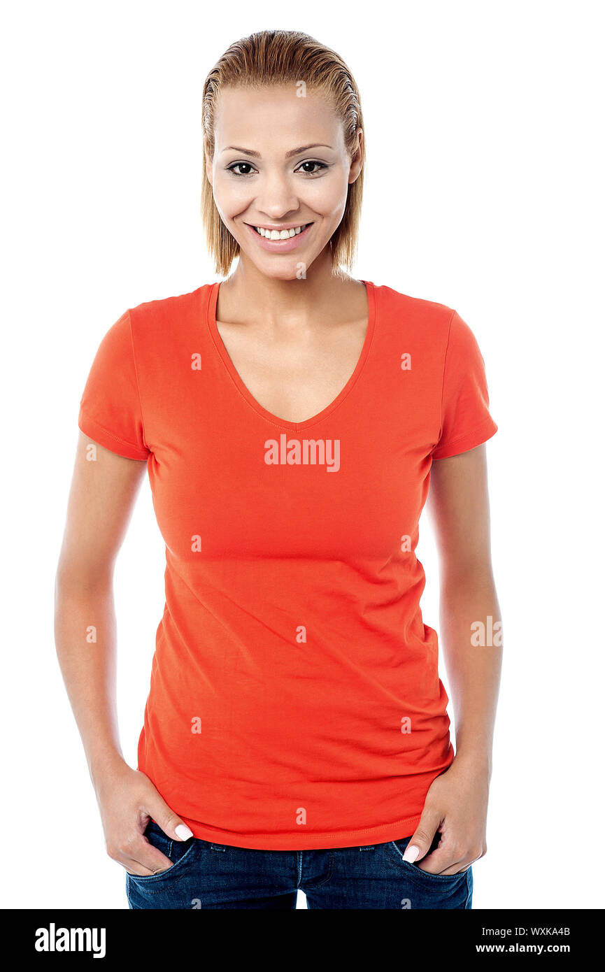 Smiling italian female model posing casually Stock Photo - Alamy