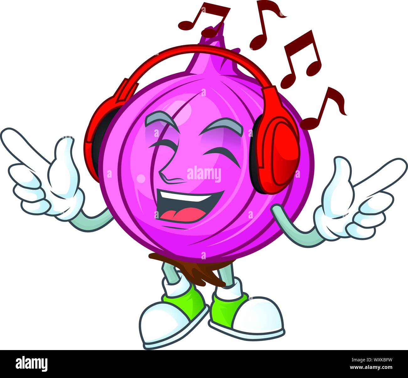 Listening music red onion cartoon character for cuisine Stock Vector ...