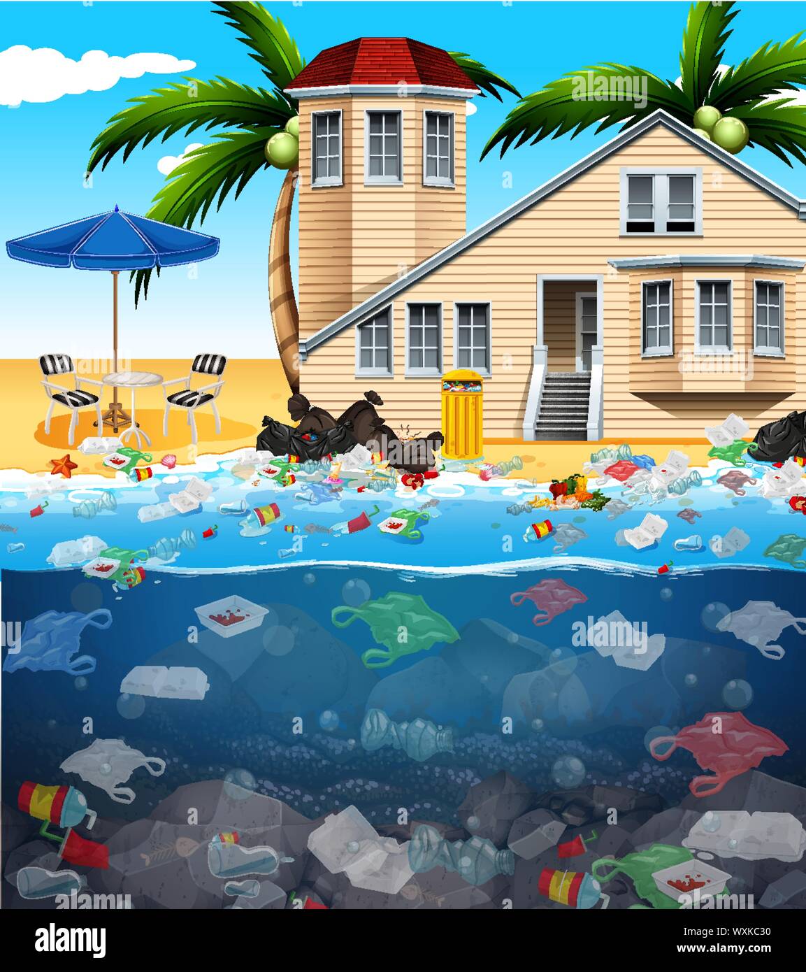Water pollution with plastic bags in ocean illustration Stock Vector ...
