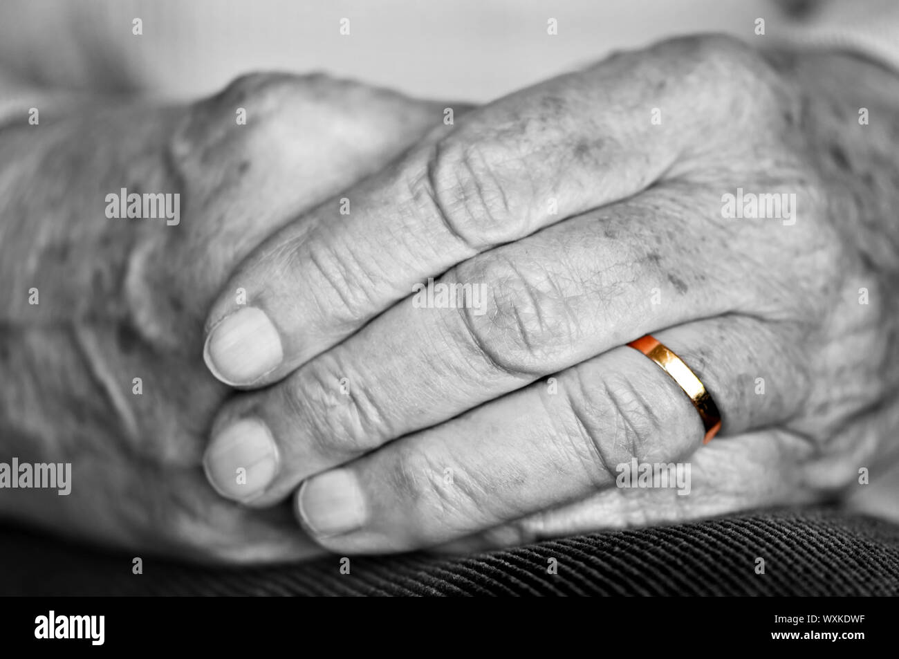 Close up on elderly woman hands with golden wedding ring Stock Photo ...